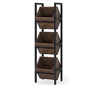 LITTLE TREE 3-Tier Basket Stand, Wooden Floor Stand Shelving Unit, Rustic Standing Organizer Storage Rack for Kitchen, Bathroom, Living Room
