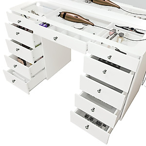 Boahaus Orla Extra Large Makeup Vanity Desk with Lights Built-in, Power Outlet, 11 Drawers, Hollywood Vanity Mirror, Glass Top Vanity, Crystal Knobs, White Big Vanity, 61.02''Hx56.3''Wx20.08''D