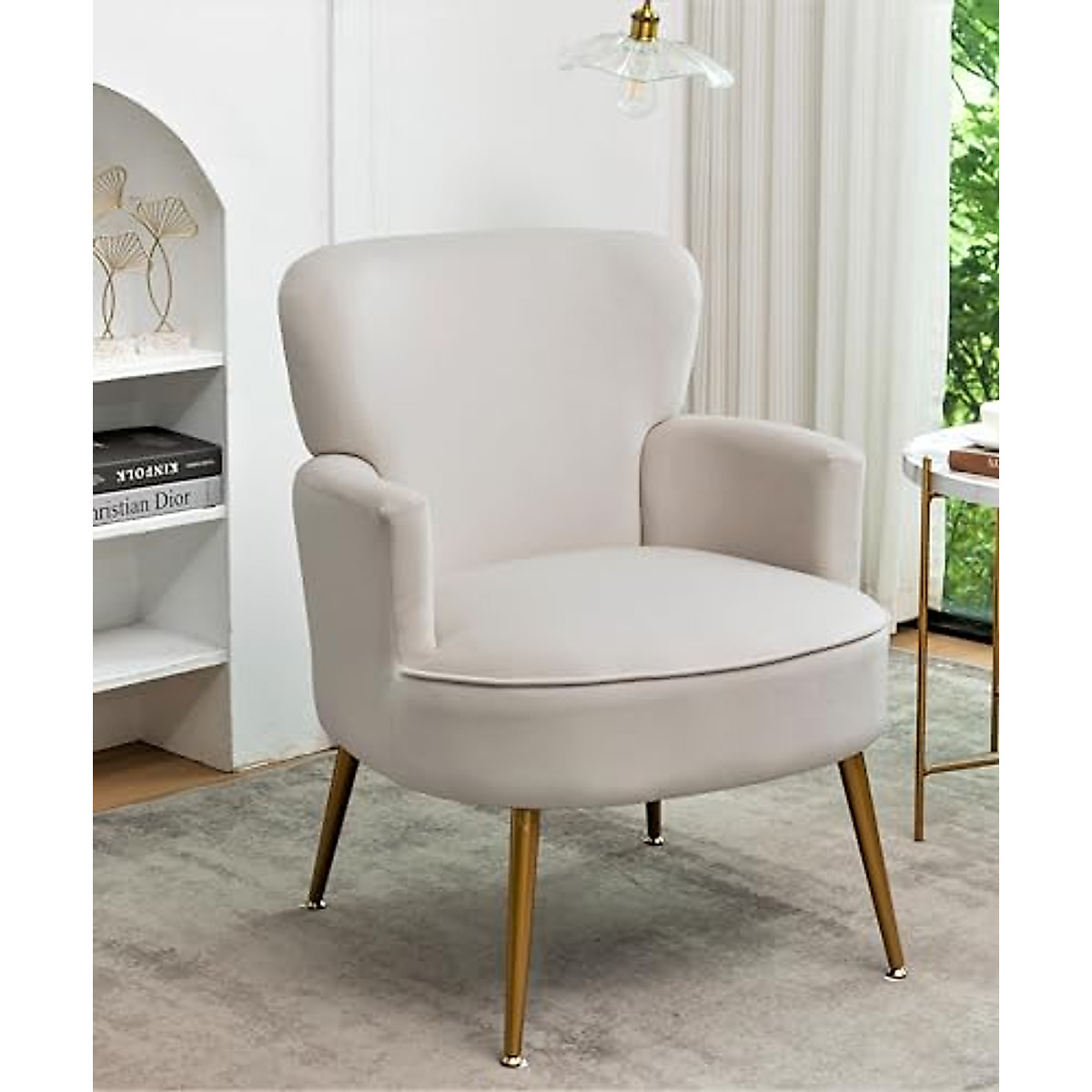 Container Furniture Direct Trendy Velvet Accent Chair with Gold Metal Legs, Upholstered Armchair for Small to Mid-Size Spaces, Modern Living Room, Bedroom, Vanity Desk and Entryway, Medium, Ivory