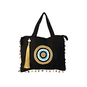 KarensLine Handmade Evil Eye Jute Beach Bags and Totes Eco-Friendly Sustainable Black Gold Eye Tote Bag for Women Zipper Top with Crystals and Tassels Water Resistant with Wipeable Inner Lining, Large
