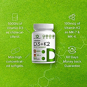 DEAL SUPPLEMENT Vitamin D3 K2 Softgel, 180 Counts, 2-1 Complex, Vitamin D3 5000 IU & Vitamin K2 MK7, Promotes Heart, Bone & Teeth Health - Very Easy to Swallow