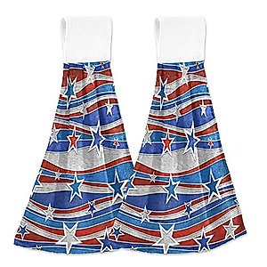 Red Blue Stars Memorial Day Kitchen Hanging Towel 12 x 17 Inch Wood 4Th of July Hand Tie Towels Set 2 Pcs Tea Bar Dish Cloths Dry Towel Soft Absorbent Durable for Bathroom Laundry Room Decor