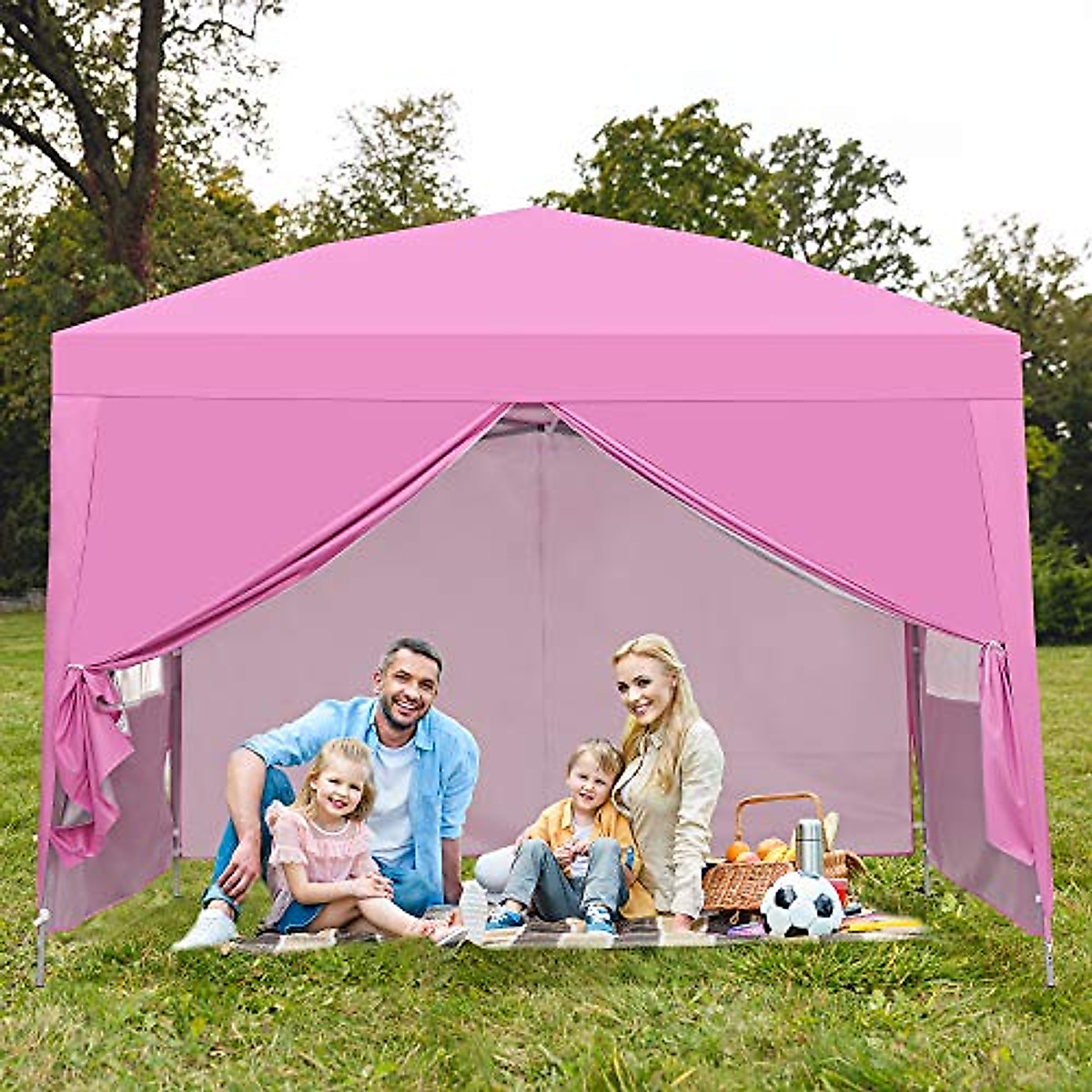 Saemoza Pop Up Canopy Tent, 10x10 Outdoor Commercial Instant Gazebo Tent with 4 Removable Sidewalls, Height Adjustable Portable Beach Canopy with Carry Bag (Pink)