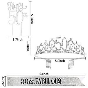 Tihebax 50th Birthday Sash and Crown/Tiara Set 50th Birthday Gifts for Women 50th Birthday Decorations Women Bonus 50th Cake Topper Pearl Pin (silver)