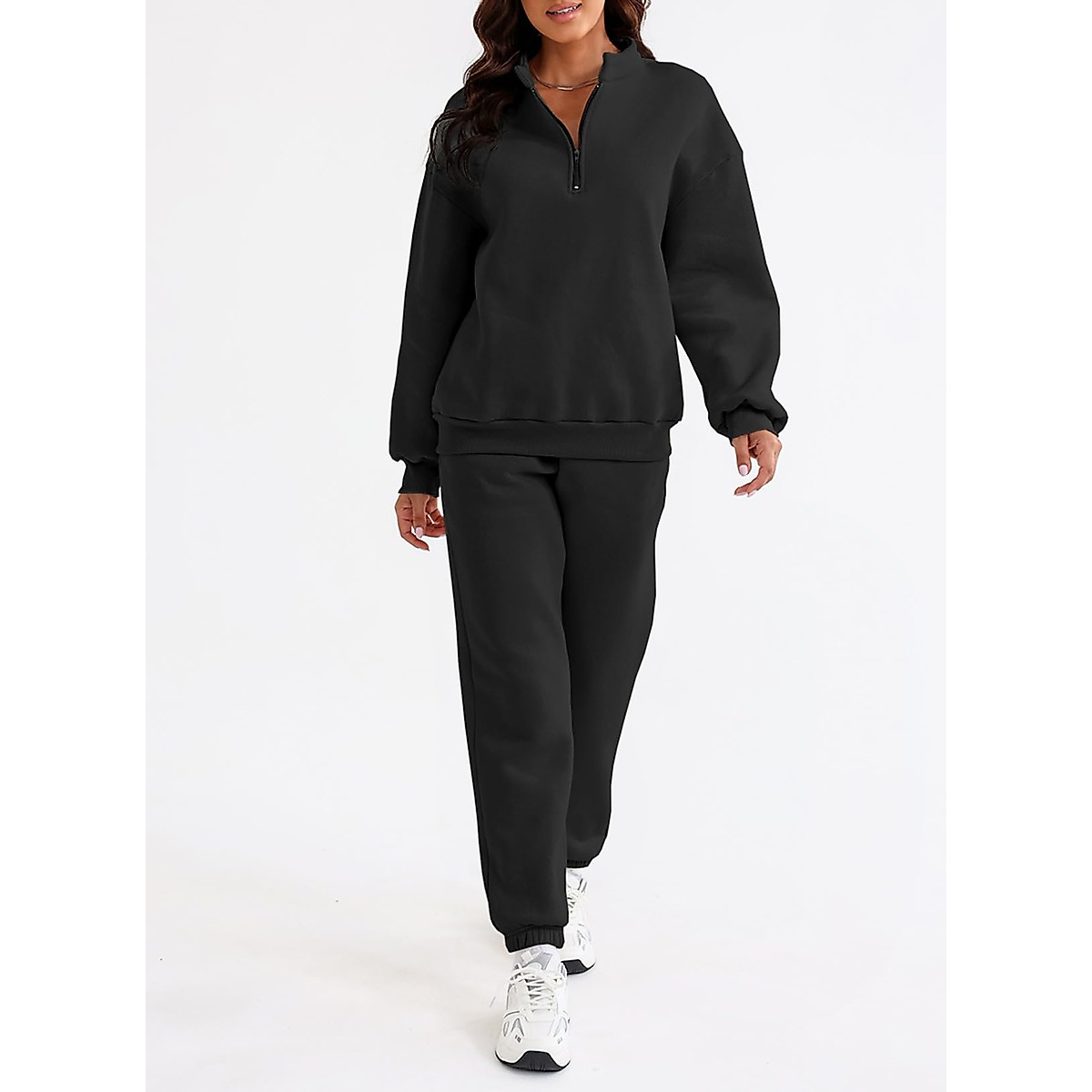 Aleumdr Womens 2 Piece Sweatsuit Sets 2025 Fall Trendy Half Zip Pullover Long Sleeve Sweatshirt Jogger Pants Outfits with Pockets Black Medium