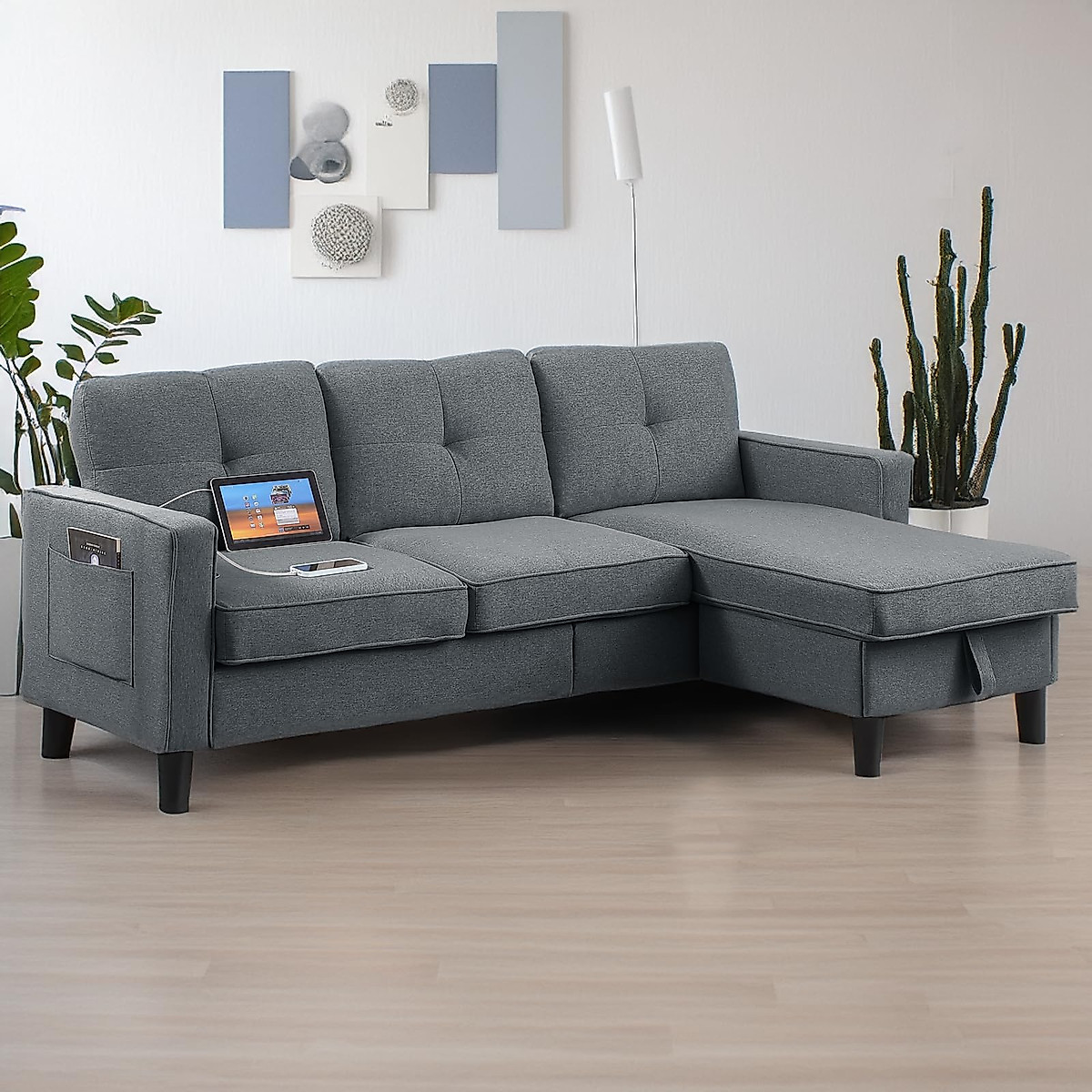 Uoobmope 78" L Shaped Sectional Couch, 3-Seat Sectional Sofa w/Movable Storage Ottoman & USB, Upholstered Linen sofa w/Reversible Chaise Lounge for Apartment,Compact/Small Spaces-Dark Grey