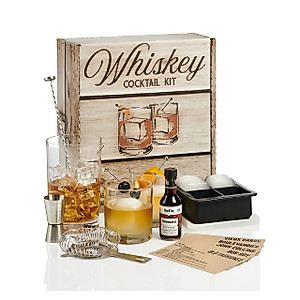 Whiskey Cocktail Kit: Rocks Drinking Glass Set, 750ml Crystal Mixing Glass, Ice Cube Mold, Stainless Bar Spoon Muddler, Strainer, Jigger, Garnish Picks, Bitters, Recipes Cards for Old Fashioned & More
