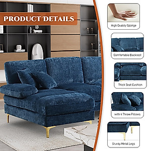 OUYESSIR Chenille U-Shaped Sectional Sofa Couch, 4 Seat Sofa Set for Living Room with 4 Pillows, 114" L-Shaped Chenille Sleeper Couch Set with Double Chaise Lounge (Blue)