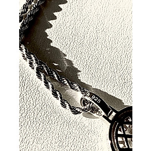 Shop-iGold Men's Hamsa Evil Eye Protector Men Women 925 Italy White Gold Finish Iced Silver Charm Pendant Stainless Steel Real 3 mm Rope Chain, Mans Jewelry, Iced Pendant, Rope Necklace 16"- 24" (24)