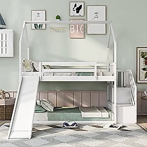 BOVZA Twin Over Twin House Bunk Bed with Convertible Slide, Wood Bunk Bed Frame with Stairs and Roof for Kids, Teens, Girls, Boys, White