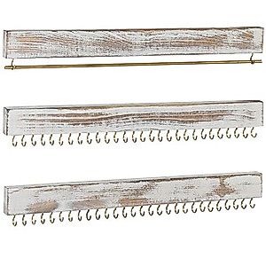 MyGift 3 Piece Hanging Jewelry Rack for Wall, Whitewashed Wood Jewelry Organizer with Brass Metal Hooks and Rod for Holding Earrings, Bracelets, and Necklaces