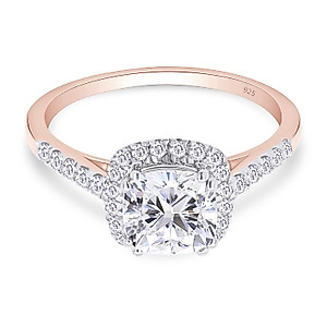 SAVEARTH DIAMONDS 14K Rose Gold Over 925 Sterling Silver Center 1ct 6X6mm G-H-I Color Cathedral Set Cushion Cut Lab Created Moissanite Diamond Halo Engagement Ring (VVS1 Clarity, 1.00 Ctw) Size-7.5