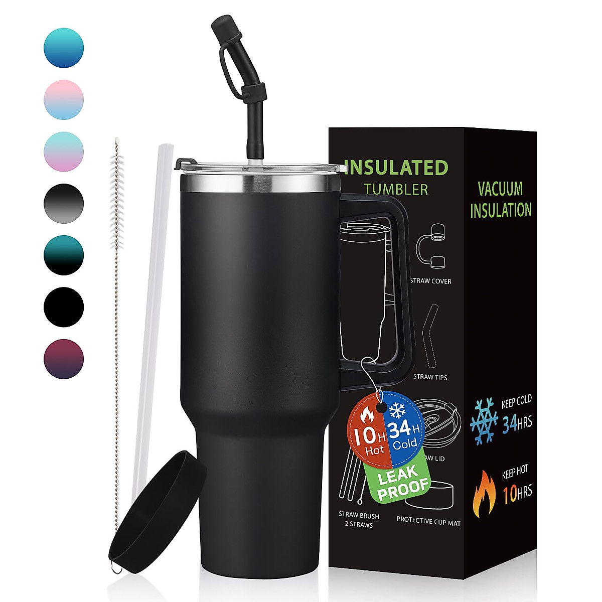 BENZZO Tumbler with Lid and Straw 40oz Stainless Steel Tumblers with Protective Boot & Double Threaded Cap, Thermal Travel Coffee Mug Flask Keeps Cold-34 Hrs for Gym Office, Car Cupholder Friendly