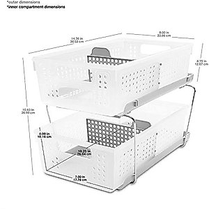 madesmart 2-Tier Organizer Slide-Out Baskets with Handles, Space Saving, Multi-Purpose Storage & BPA-Free, Large, Frost-with Dividers