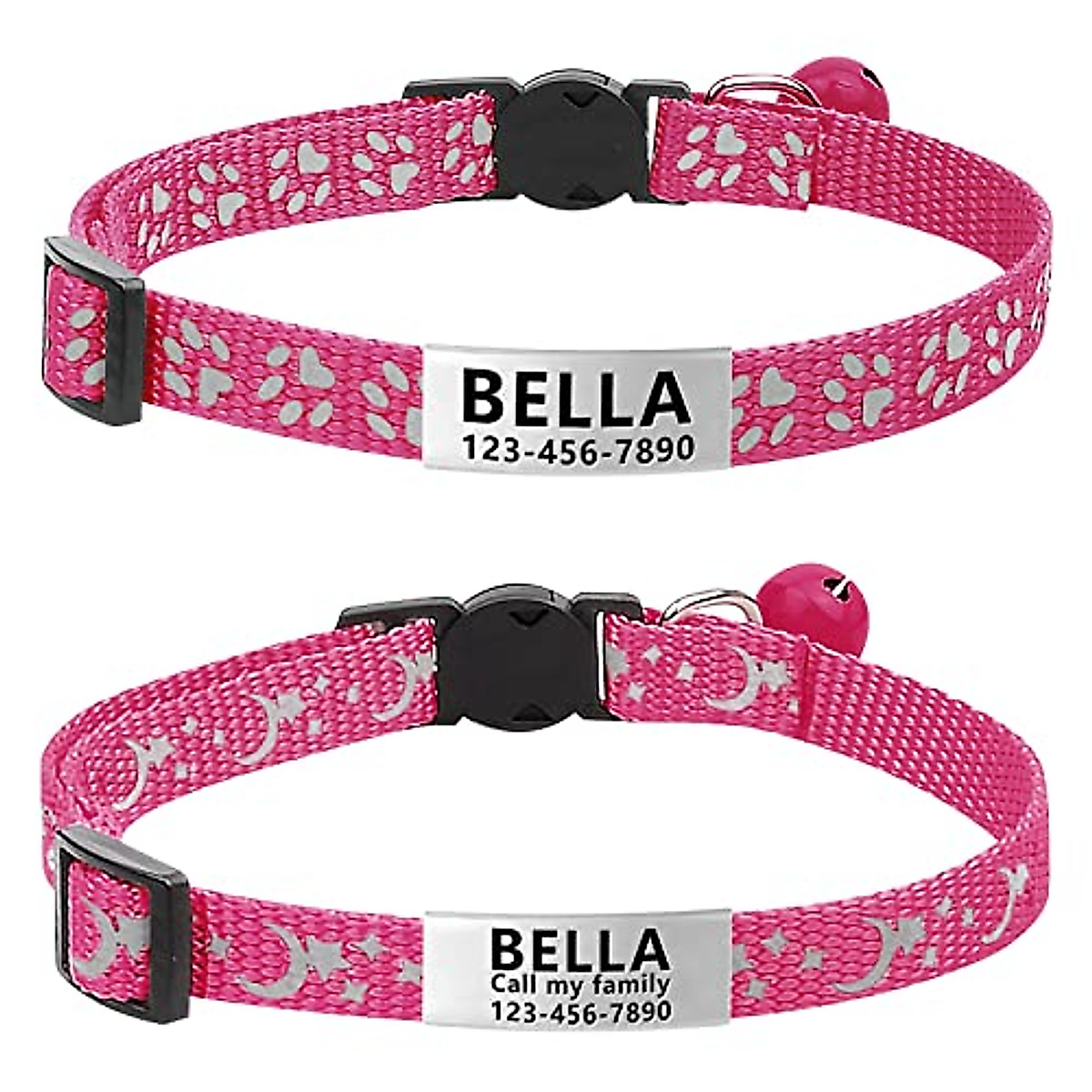 LaReine 2 Pack Cat Collar Personalized, Breakaway Kitten Collar with Phone and Name tag, Cat Collars Reflective with Bell for Girls & Boys (7.5"-12.5" Neck, Hot Pink)