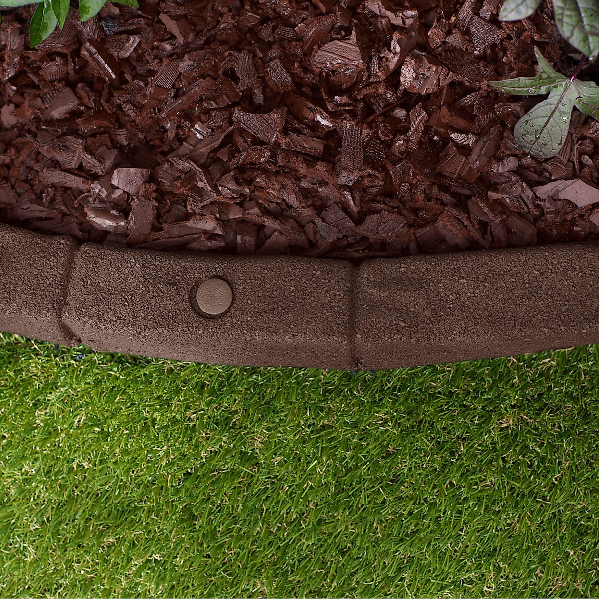 Rubberific 4' Rubber Cobblestone Flexible No Dig Landscape Mulch Border Edging with Anchoring Spikes for Lawns, Gardens, and Flower Beds - 4 Pack (Brown)