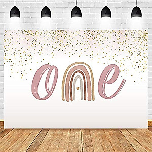 Mocsicka Boho Rainbow First Birthday Backdrop Modern Rainbow Birthday Background Rainbow Girls 1st Birthday Party Cake Table Decoration Photo Booth Props (7x5ft)