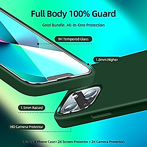 Dssairo [5 in 1 for iPhone 13 Mini Case, with 2 Pack Screen Protector + 2 Pack Camera Lens Protector, Liquid Silicone Ultra Slim Shockproof Protective Phone Case 5.4 inch (Alpine Green)……