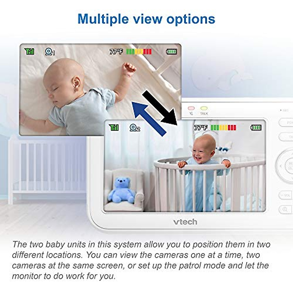 VTech [Upgraded] VM5463-2 Video Baby Monitor 5" LCD with 2 Cameras, Battery 12 Hrs, Pan Tilt Zoom, Color Night Light, Glow On The Ceiling Projection, Two-Way Talk