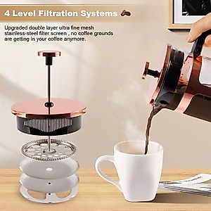 RealPero French Press Coffee Tea Maker， Upgrade Heat Cold Resistant Thickened Glass with 4 Level Stainless Steel Filtration System Brew Coffee & Tea， BPA Free, Large 1000ml 34oz,Rose Gold
