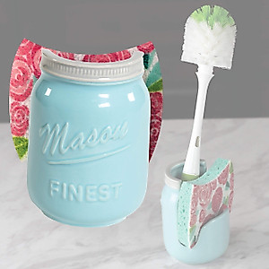 Mason Sponge Holder for Kitchen Sink - Rustic Farmhouse Style Ceramic Sponge & Scrub Holder by Sparrow Decor (Blue)