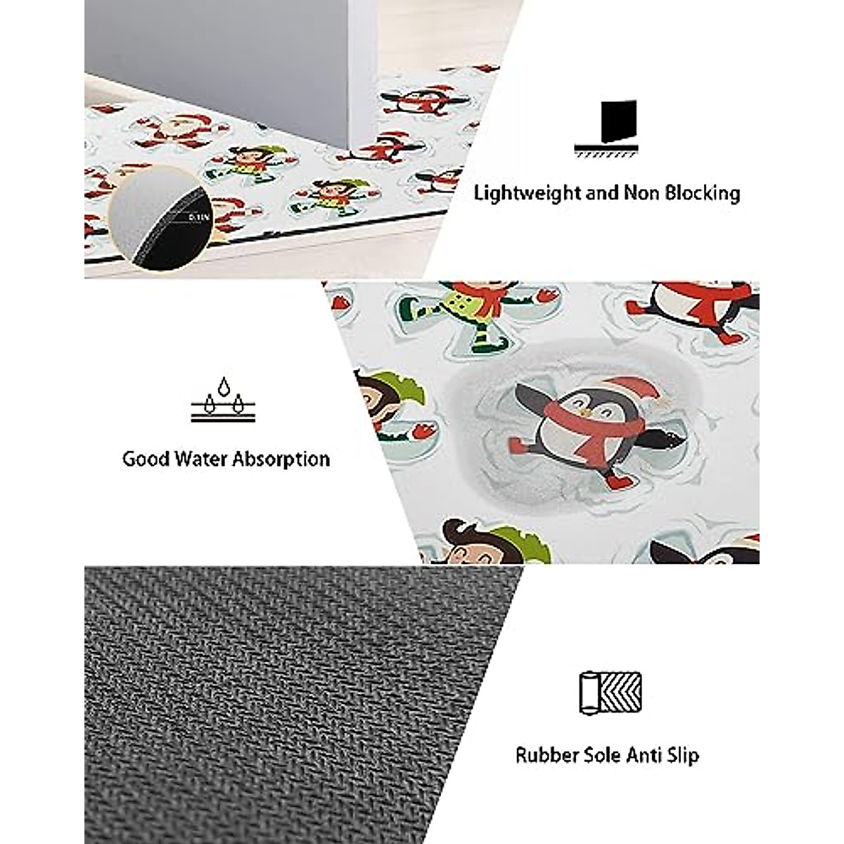 Christmas Bath Mat for Tub,Non Slip Bathroom Floor Runner Rug Quick Dry & Absorbent Diatomaceous Earth Shower Sink Kitchen Washable Doormat,Winter Xmas Elf Penguin Santa Claus Red White 18"x47"