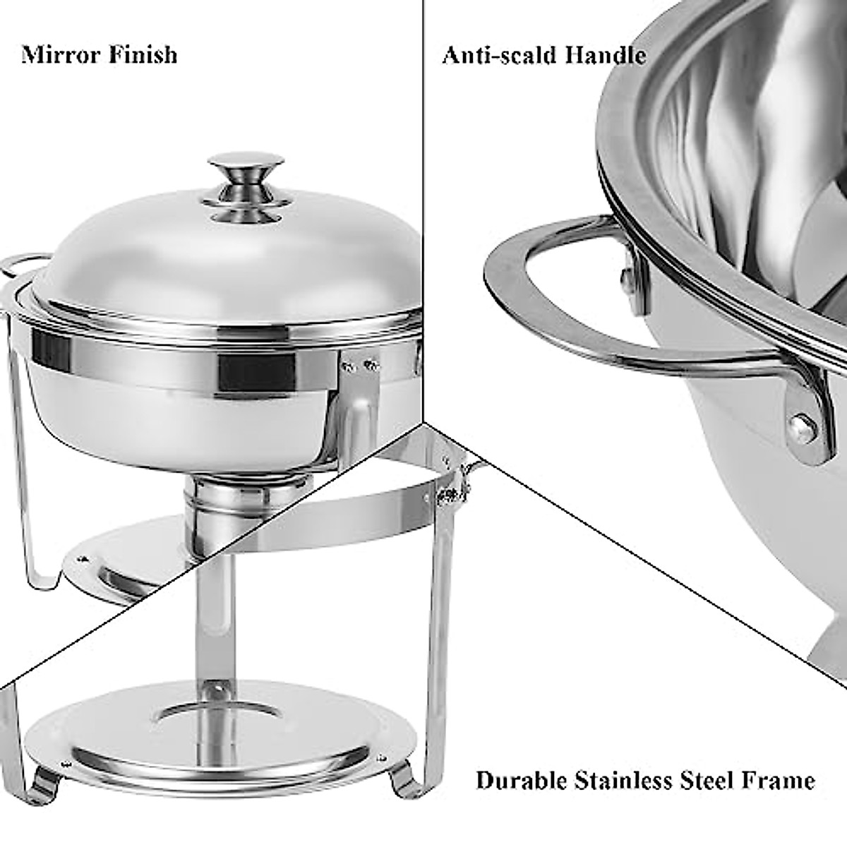 Amhier 5 Qt Chafing Dish Buffet Set with Stainless Steel Lid, Round Chafers and Buffet Warmers Sets with Food and Water Trays for Catering, Parties, Hotels and Weddings, Silver, 1 Pack