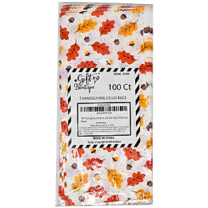 Gift Boutique 100 Thanksgiving Cellophane Bag Plastic Fall Leaves Treat Favor Bags Autumn Harvest Themed Birthday Party Supplies Decorations for Kids Classroom Reward, Carnival Candy Goodies Grab Bag