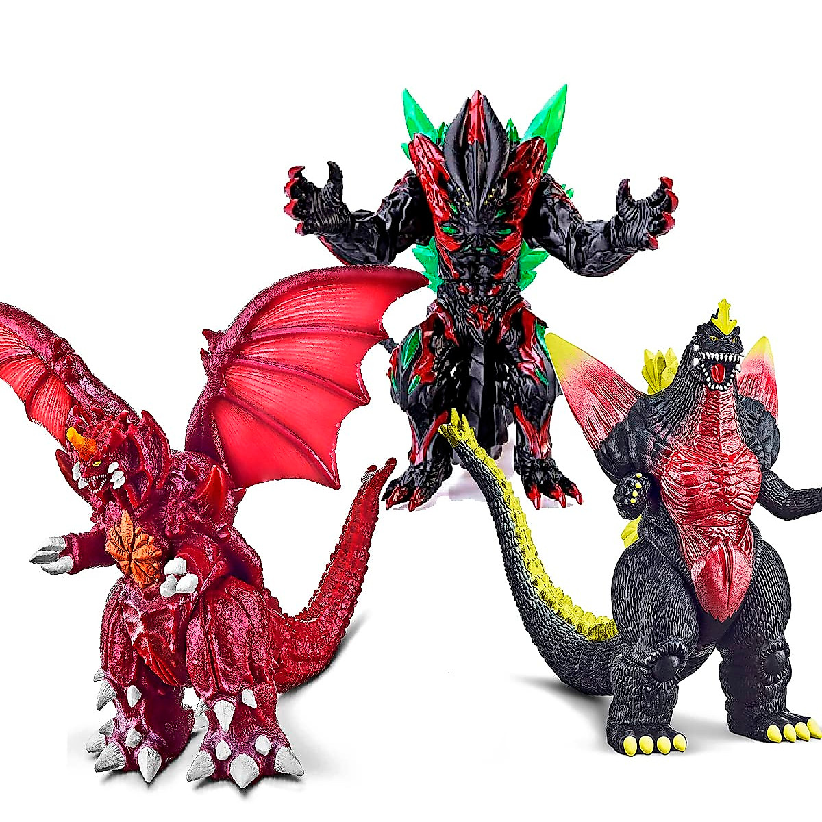 JAYKENIXO 3pcs Dragons Figures Monsters - 15" & 12" Head-to-Tail, Large Movable Joints Action Movie Series Soft Vinyl