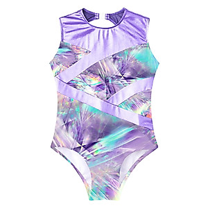 Nikiikoo Kids Girls Sparkly Gymnastics Leotards with Shorts Outfits Ballet Dance Biketard Gym Clothes Swimwear Lavender 12 Years