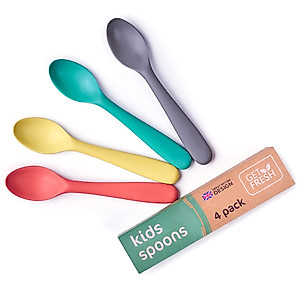 GET FRESH Bamboo Kids Spoons Set – 4-pack Colorful Bamboo Kids Cutlery for Everyday Use – Reusable Bamboo Fiber Kids Spoons for Baby Feeding – Large Bamboo Utensils for Toddlers and School Children