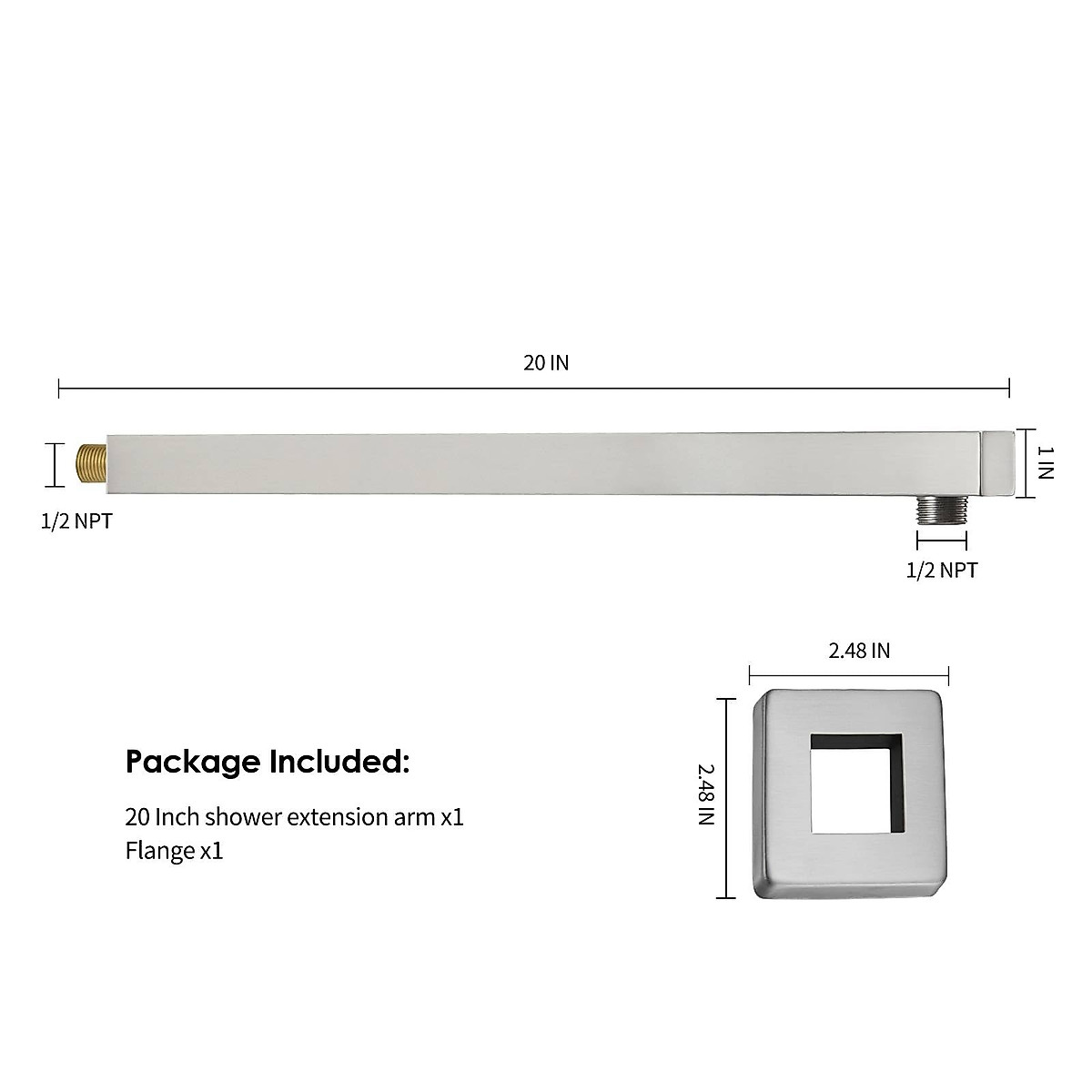 BESy 12 Inch Rain Shower Head, 12" Square Rainfall & High Pressure Stainless Steel Bath Showerhead, 20 Inches Straight Extended Shower Arm With Flange, Rain Shower Head Extension Arm Brushed NIckel