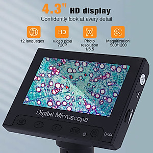 Poothoh 4.3-inch LCD Digital Microscope, 50X-1000X Magnification, Camera Handheld Microscope with 8 LEDs, for PCB/Coin Observation Soldering, Windows Compatible