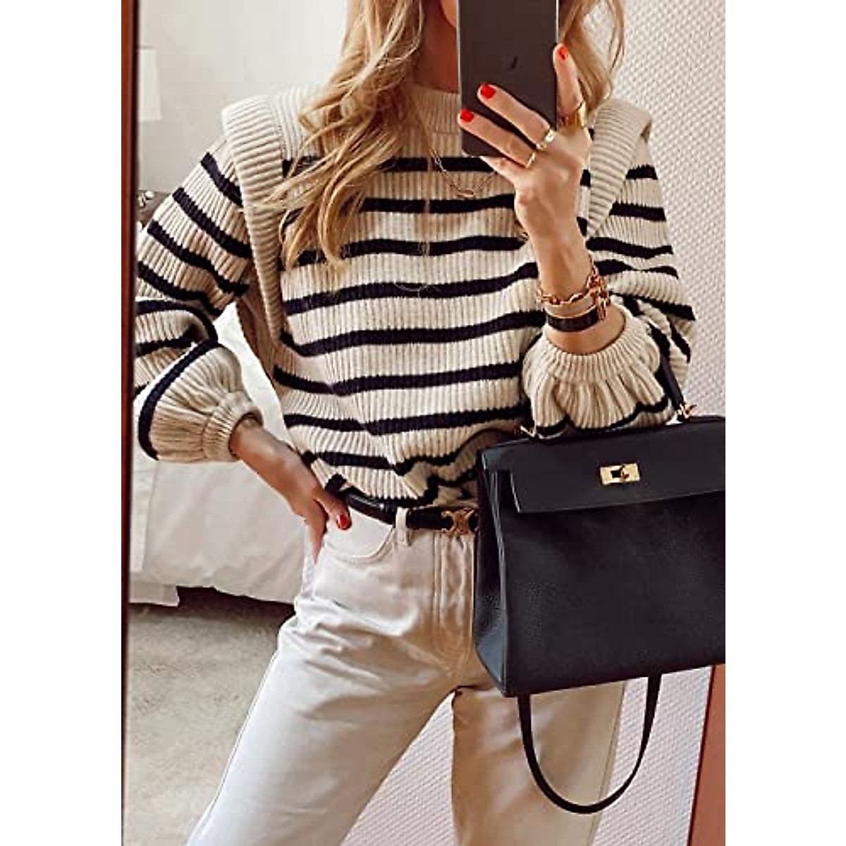 PRETTYGARDEN Women's Sweaters Casual Long Lantern Sleeve Crewneck Ribbed Knit Pullover Striped Jumper Tops Blouse (Beige Apricot,X-Large)