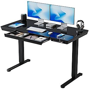 BANTI Electric Standing Desk with Drawers, 48 inch Whole-Piece Glass Desktop, Height Adjustable Stand up Sit Stand Home Office Ergonomic Workstation, Black Tabletop