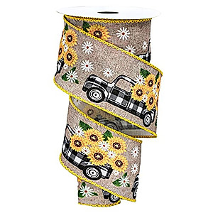 Whaline Sunflower Truck Wired Edge Ribbon Vintage Spring Summer Floral Fabric Ribbon Farmhouse Buffalo Plaids Decorative Craft Ribbon for Gift Wrapping Hair Bow Sewing Wreath Crafts, 10 Yards