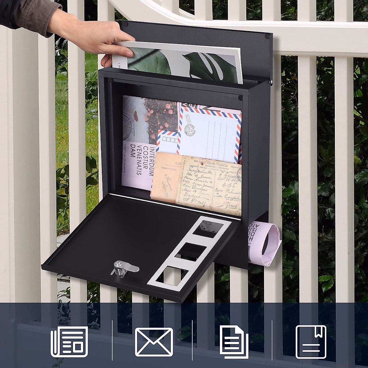 KYODOLED Locking Mailbox Wall Mount, Locked Mail Boxes, Mailbox with Key Lock for Outside, Large Capacity Drop Box for Newspapers, 13 x 3.4 x 11.8 Inch, Black