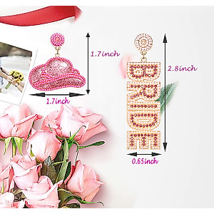 Bride and Mrs Earrings Set Rhinestone Bride Cowboy Hat Beaded Wedding Earrings Handmade Statement Mrs Dangle Earrings for Women (BRIDE&Hat pink rhinestone)