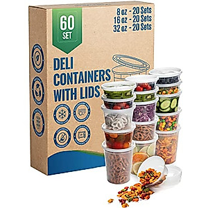 SafeWare Deli Plastic Food Storage Containers with Airtight Lids [ 20Sets-8oz | 20Sets-16oz | 20Sets-32oz] - Great for Slime, Microwave | Dishwasher | Freezer Safe | Leakproof | (60 Mix Sets)
