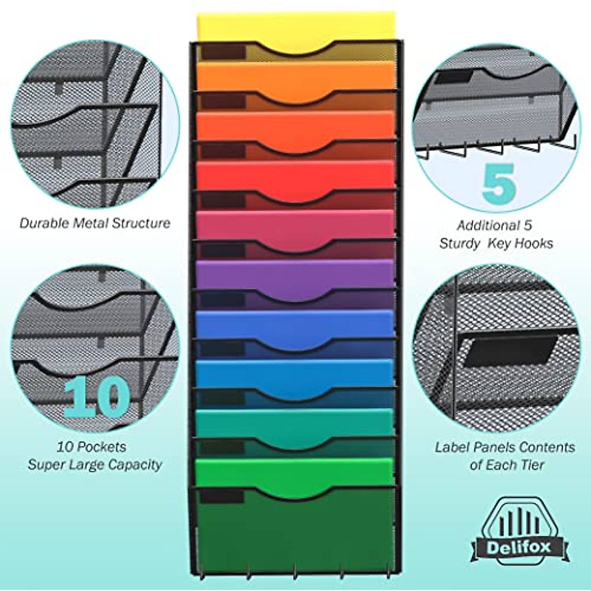 Delifox 10-Tier Wall Mounted Hanging File Organizer Metal Mesh Wall File Holder Organizer Magazine Rack Multipurpose Use for Office