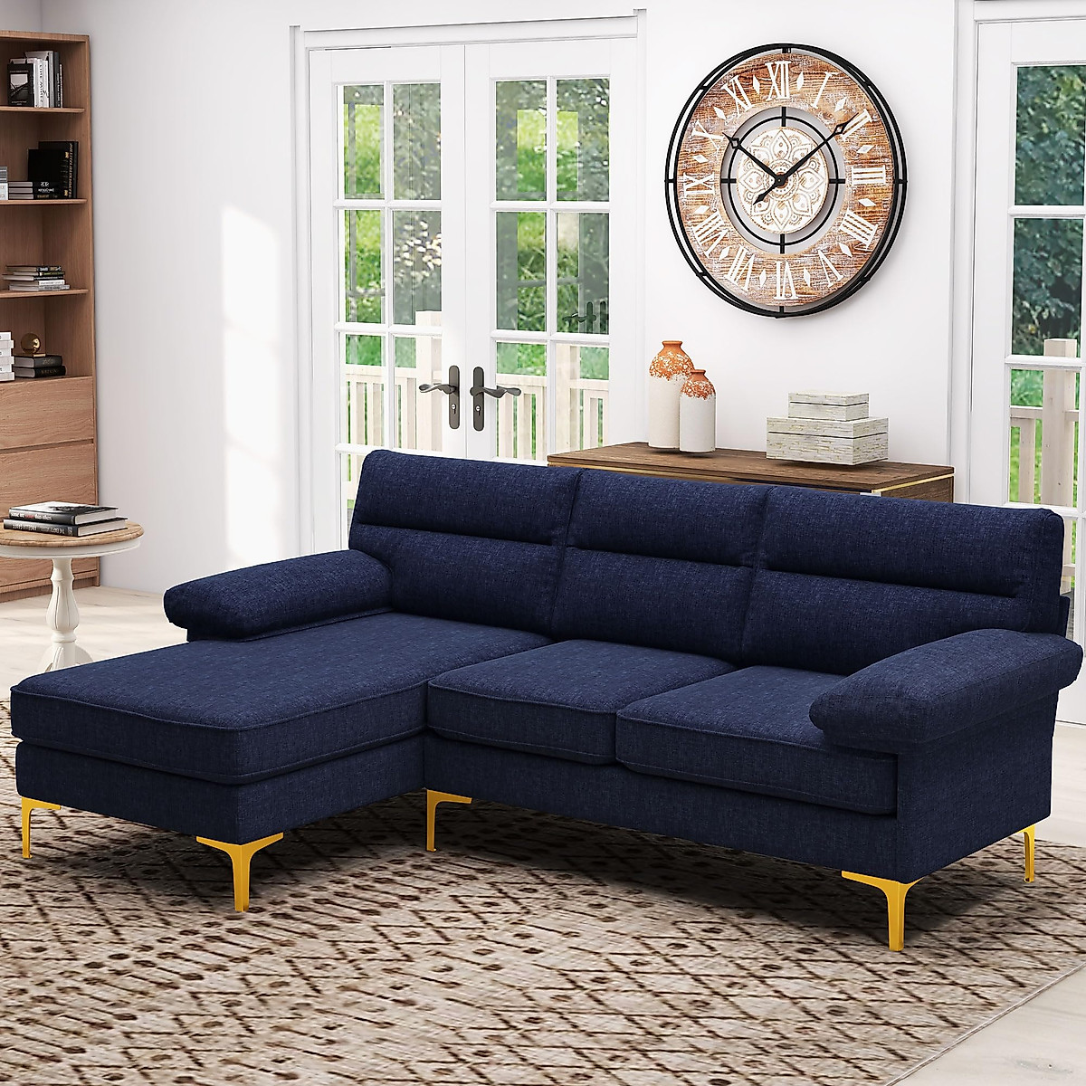 Sectional Couches for Living Room, Modern Chenille Convertible Sofa Bed L-Shaped Couch 3 Seats Sofas with Reversible Wide Chaise & Fluffy Armrests for Small Apartment Compact Spaces Dark Blue