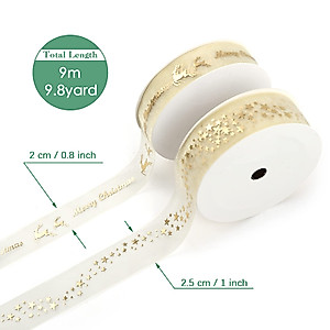KESOTE Christmas Sheer Ribbons Gold Organza Chiffon Ribbon with Foil Print for Crafts Gift Wrapping Hair Bows Christmas Tree