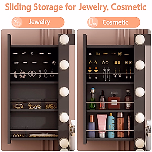 Vanity Desk with Power Outlet, Makeup Vanity with Mirror and 14 LED Lights, 3 Lighting Mode,11 Drawers Vanity Table with 2 Sliding Jewelry Storage, Glass Top, Specular Surface (Black)