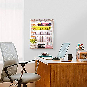 Spacrea Hanging File Holder Organizer - 6 Tier Wall Mount File Organizer for Women, Hanging Wall File for Office, School or Home, Rose Gold