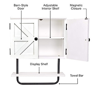 EXCELLO GLOBAL PRODUCTS 17x21” Barndoor Bathroom Wall Cabinet, Space Saver Storage Cabinet Kitchen Medicine Cabinet with Adjustable Shelf and Towel Bar, White