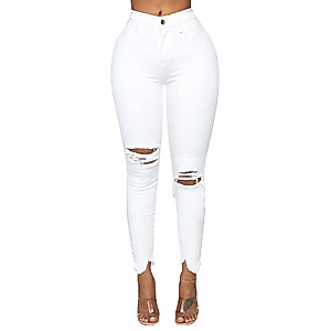 LONGYIDA Women's High Rise Ripped Skinny Jeans Stretch Slim Fit Distressed Destroyed Denim Ankle Pants(White,S)