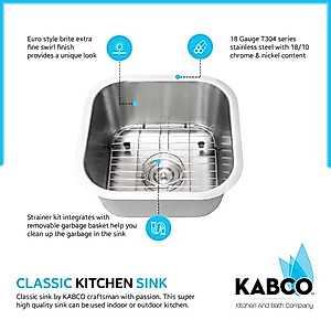 KABCO 16 Inch Square Single Bowl Stainless Steel Classic Kitchen Sink with Kitchen Sink Strainer, Garbage Basket and Sink Grid, 18 Gauge Undermount Rust Resistant Sound and Heatproof Swirl Finish Sink