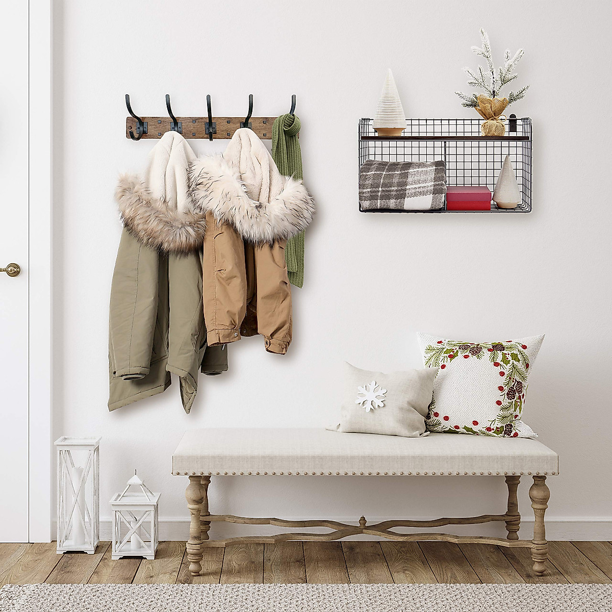 Spectrum Diversified Richmond Wall Mount 5 Hook Wood Rack for Storage and Organization of Entryway Bedroom and More, Coffee/Industrial Gray