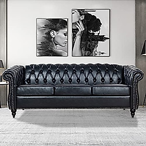 Vaztrlus Chesterfield Sofas for Living Room, Rolled Arm 3-Seater Leather 84" Large Couch Deep Button Nailhead Tufted Black Upholstered Couches for Bedroom, Office Apartment Easy to Assemble