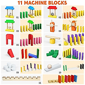 PEBIRA Large Dominoes for Kids, Wooden Dominos Set Include 200 PCS Colorful Domino Blocks, 11 Add-on Tricks and 1 Storage Bag, Bulk Building Dominoes